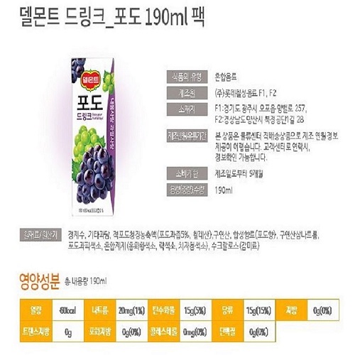 델몬트 드링크 포도 팩190ml 64입 - 최저가 사업자 식자재 | 식봄